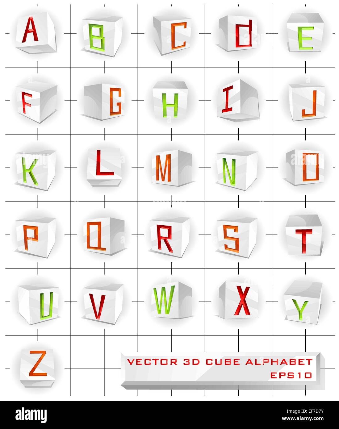 Vector 3D volume alphabet with shiny red, green and orange letters in ...