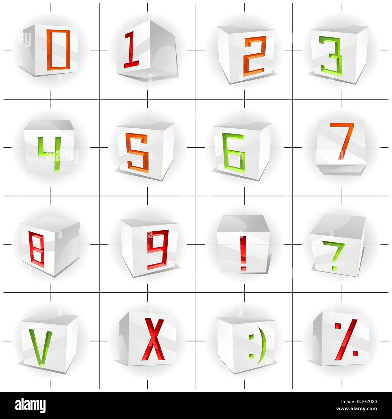 Vector 3D volume alphabet with shiny red, green and orange figures and ...