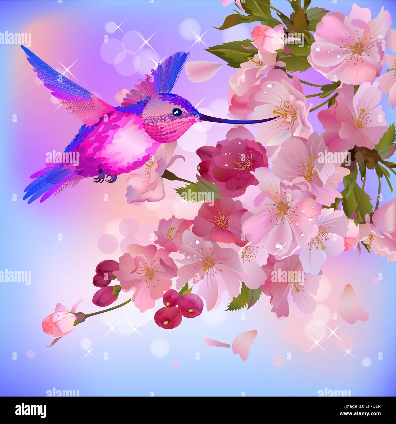 Vector spring background with gentle branch of beautiful cherry flowers ...
