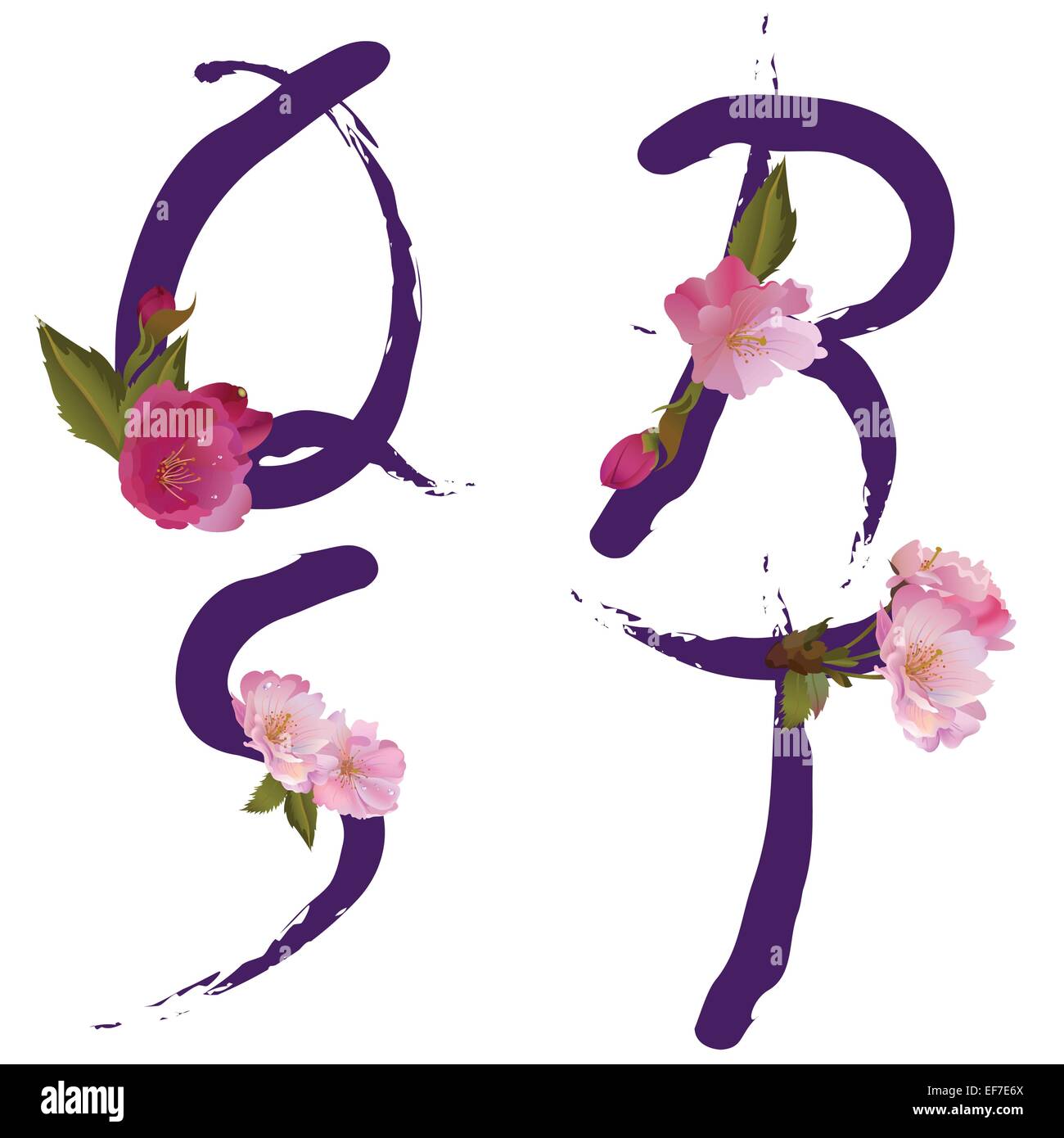 Vector spring alphabet with gentle sakura flowers letters Q,R,S,T like ...