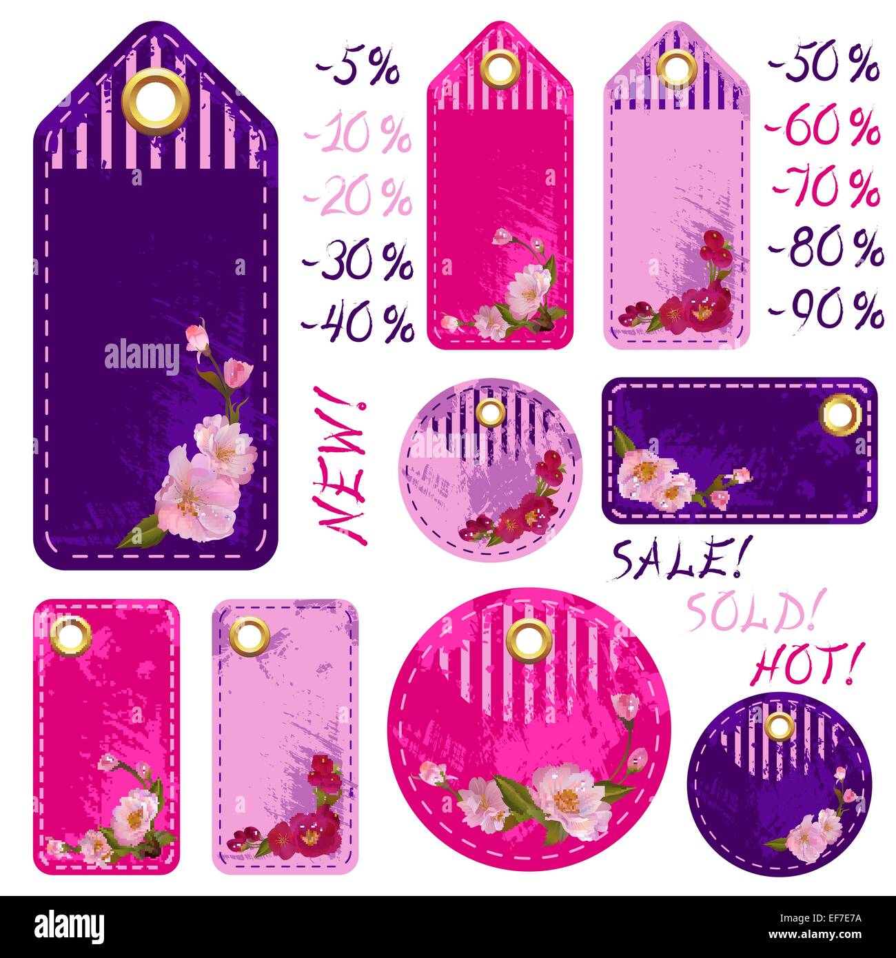 Vector spring sale colorful tags with beautiful sakura flowers and ...