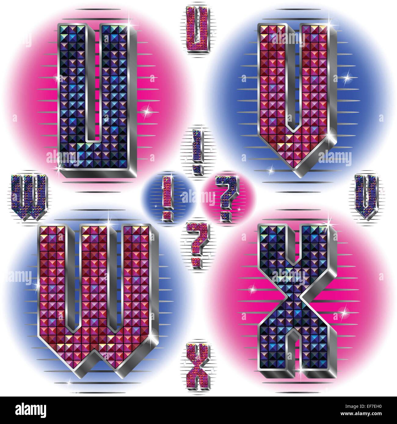 Vector volume metal silver letters U,V,W,X with shiny rhinestones in ...