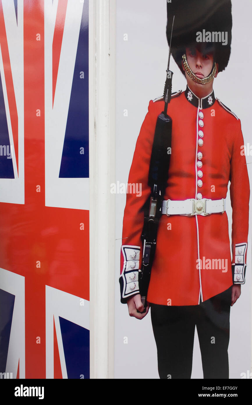 Coldstream guardsman and Union Jack flag appear on a poster outside a ...