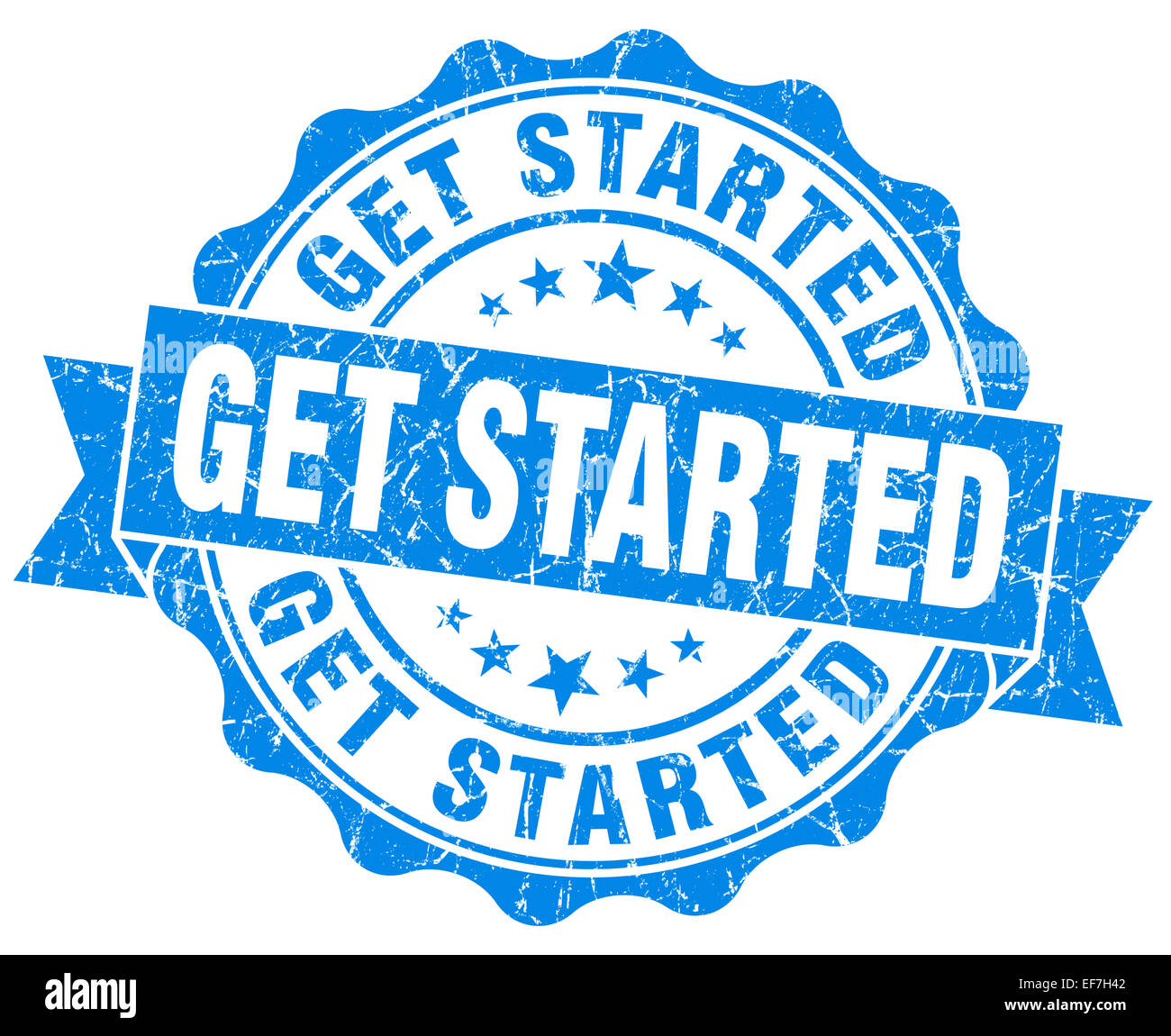 get started blue grunge seal isolated on white Stock Photo - Alamy