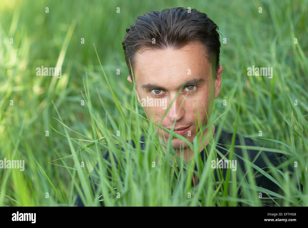 Man's portrait in the green grass background Stock Photo - Alamy