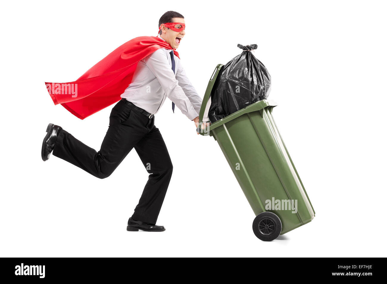 Superhero pushing a full trash can isolated on white background Stock ...