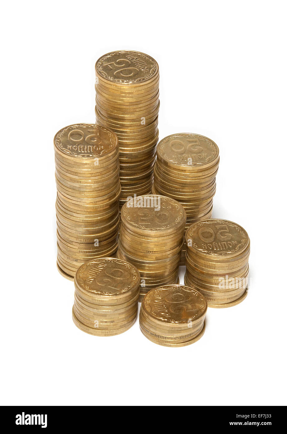 Column of golden coins isolated on white Stock Photo - Alamy