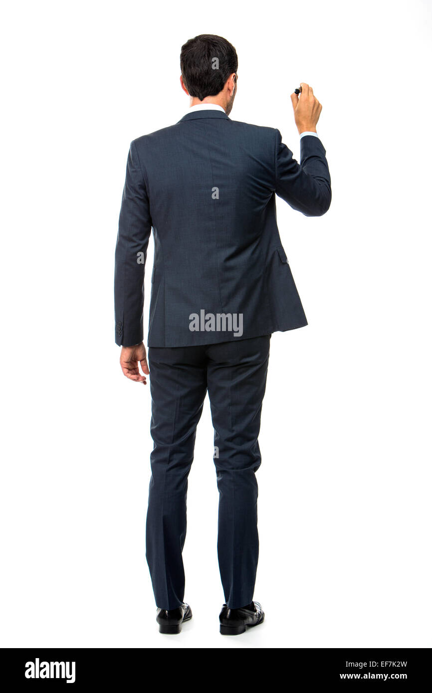 Full length back view portrait of a businessman with a black marker ...