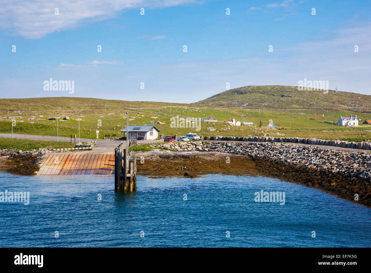 Offshore view to ferry terminal and jetty at Borve, Berneray Island ...
