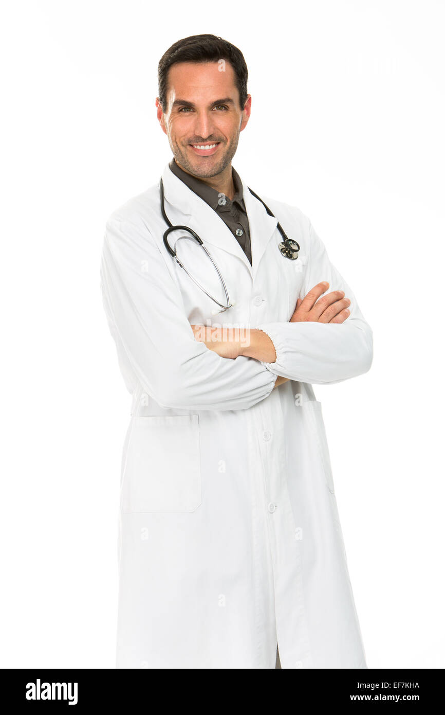 Half length portrait of a male doctor, smiling at camera with crossed ...