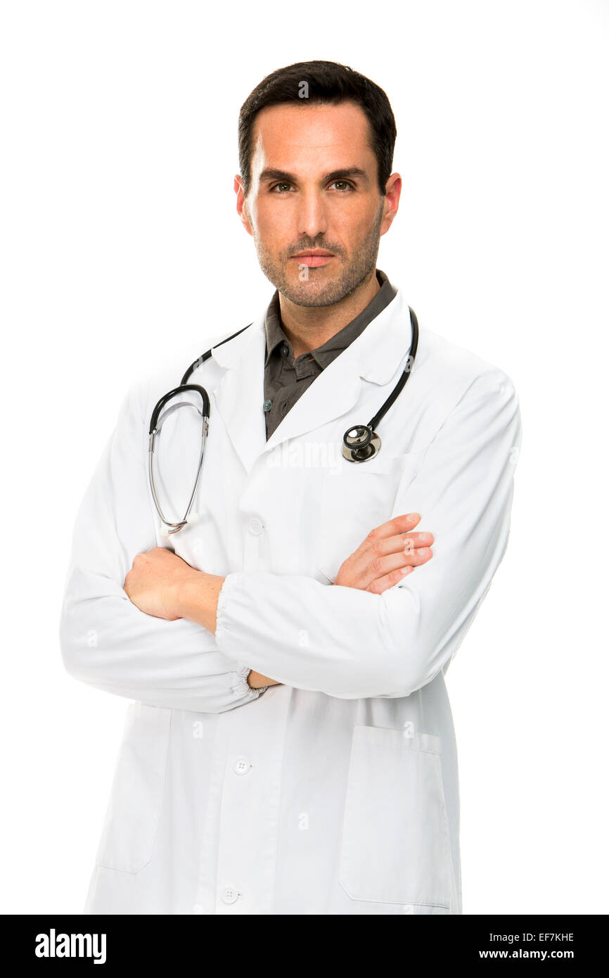 Half length portrait of a thoughtful male doctor with crossed arms and ...