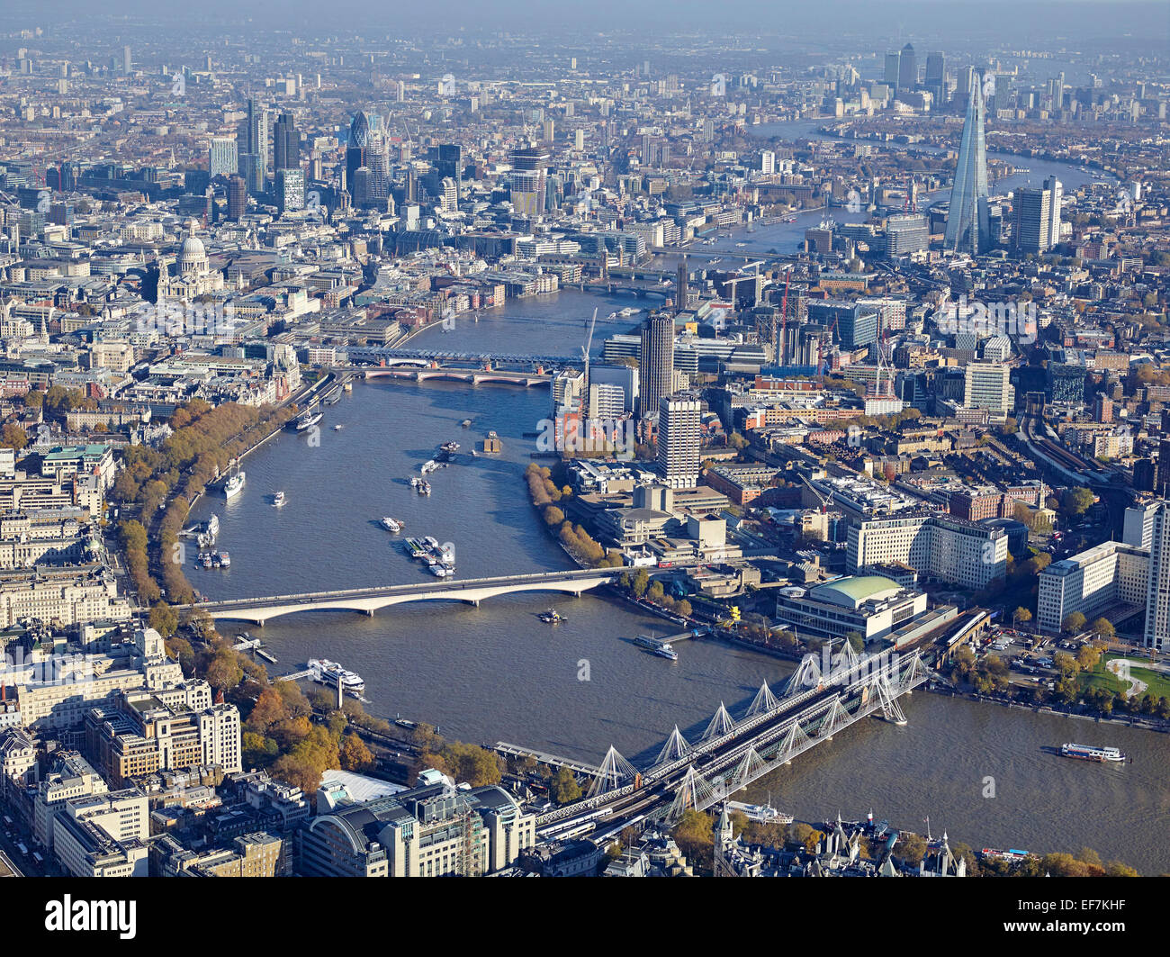 The River Thames from the air, Central London, UK looking East towards ...