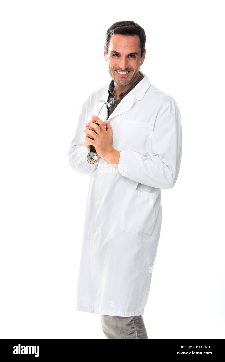Half length portrait of a smiling male doctor holding stethoscope and ...