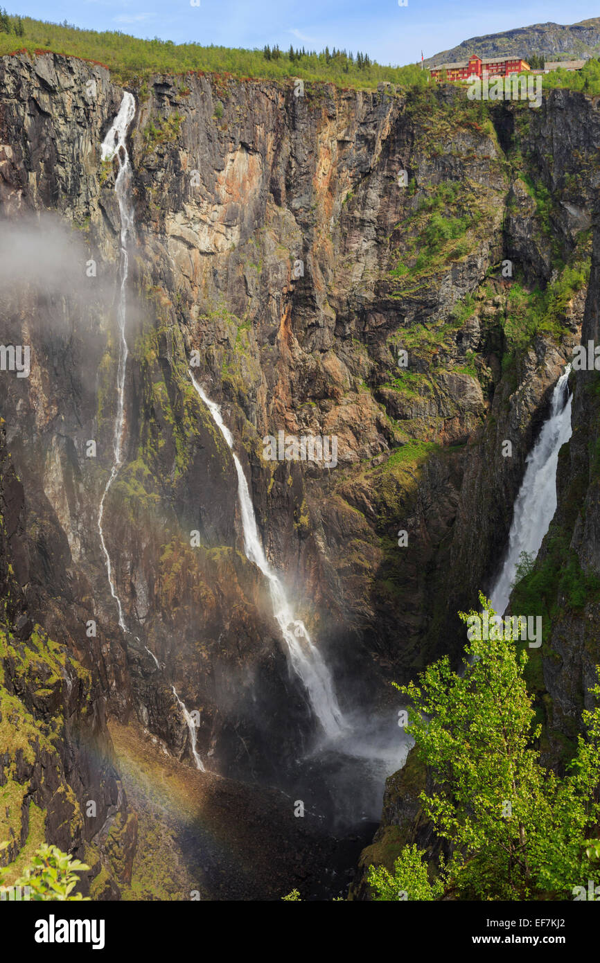 Spray forming a rainbow at Vøringfossen waterfall with Fossli Hotel on ...