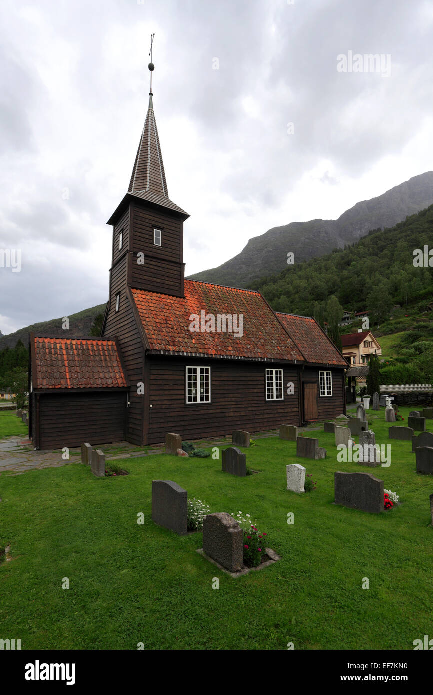 Flam church dating from 1670, Flamsdalen Valley, Flam village ...