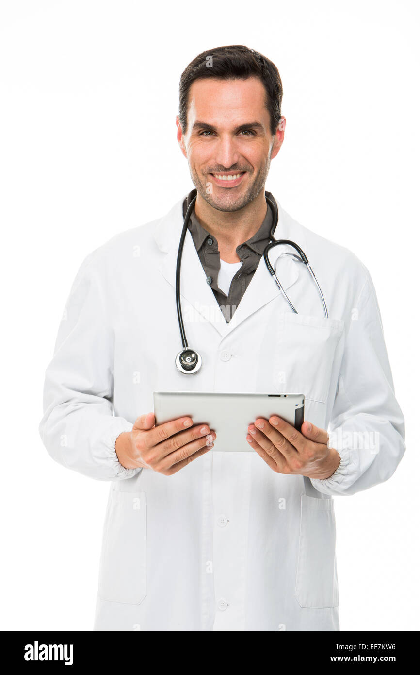 Half length portrait os a smiling male doctor with stethoscope and ...