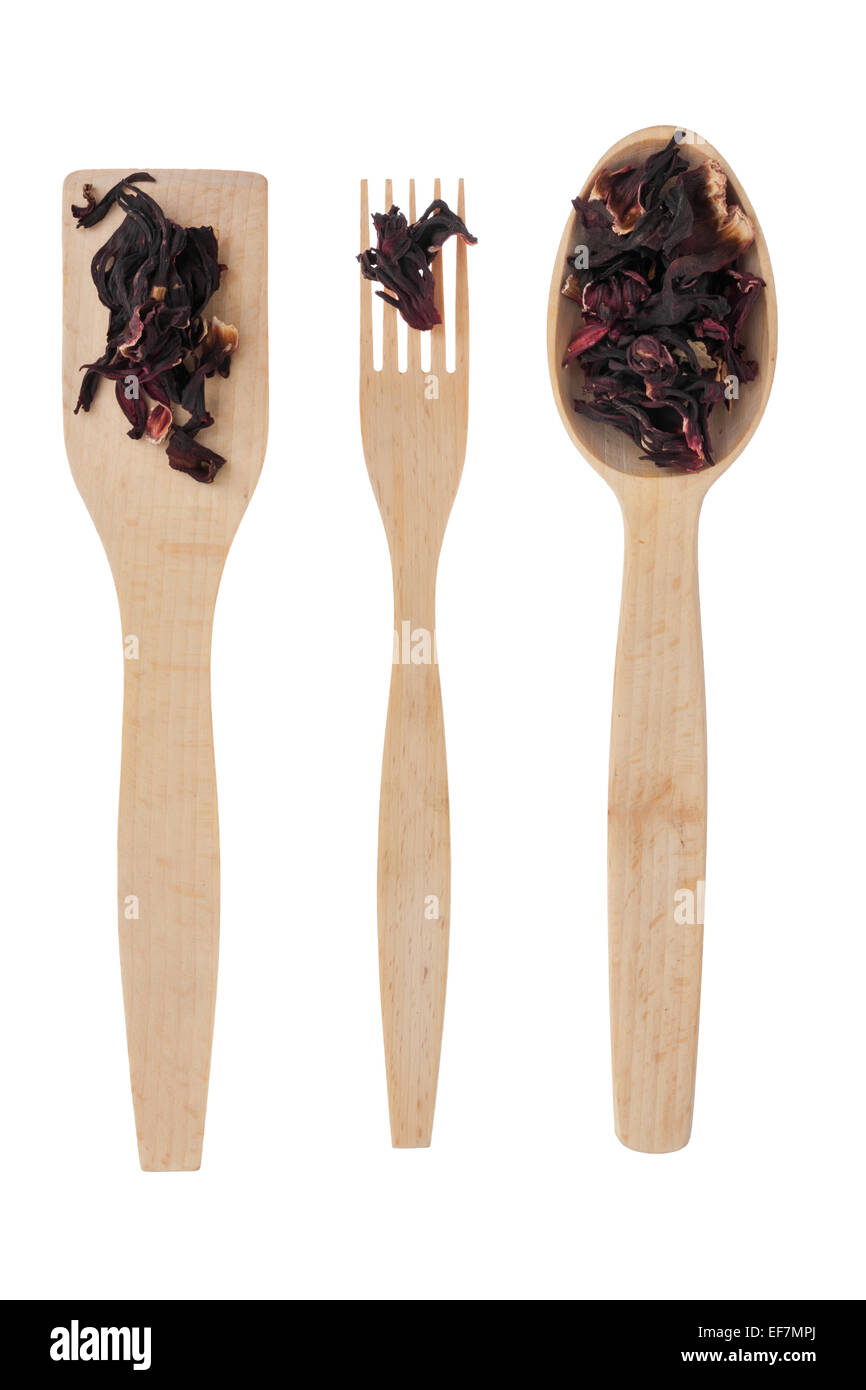 Wooden spoon, fork, paddle with hibiscus, isolated on white background ...