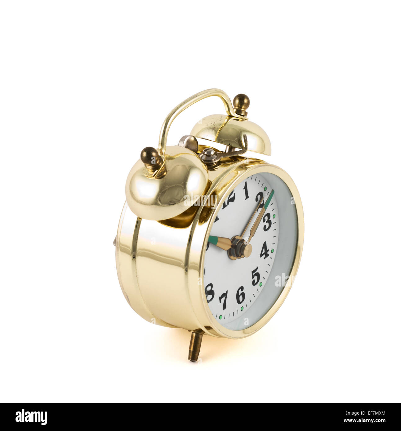 Golden mechanical alarm clock isolated Stock Photo - Alamy