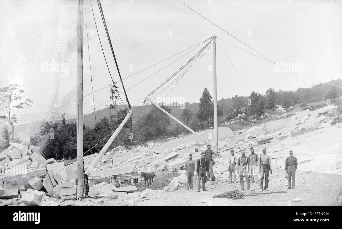 Antique c1905 photograph, mountain granite quarry with workers ...