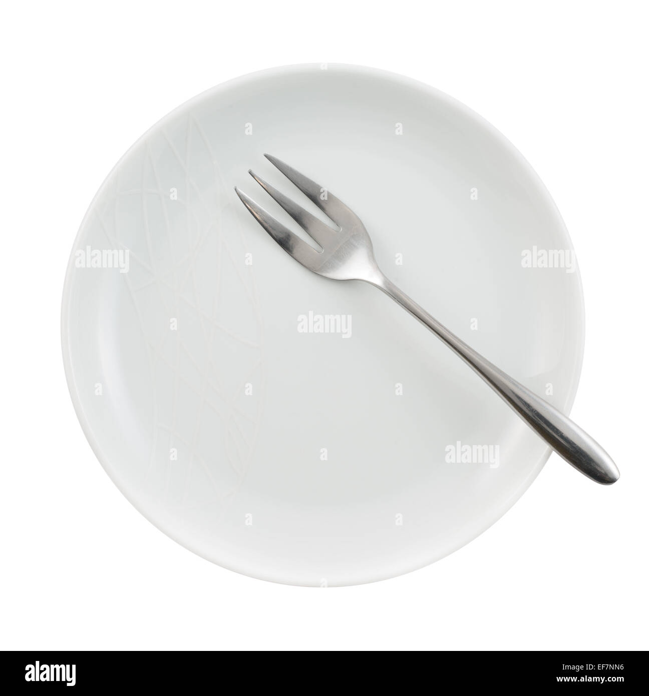 Metal fork in a ceramic plate isolated Stock Photo - Alamy