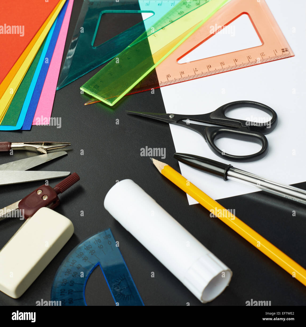 Desk covered with multiple stationery Stock Photo - Alamy