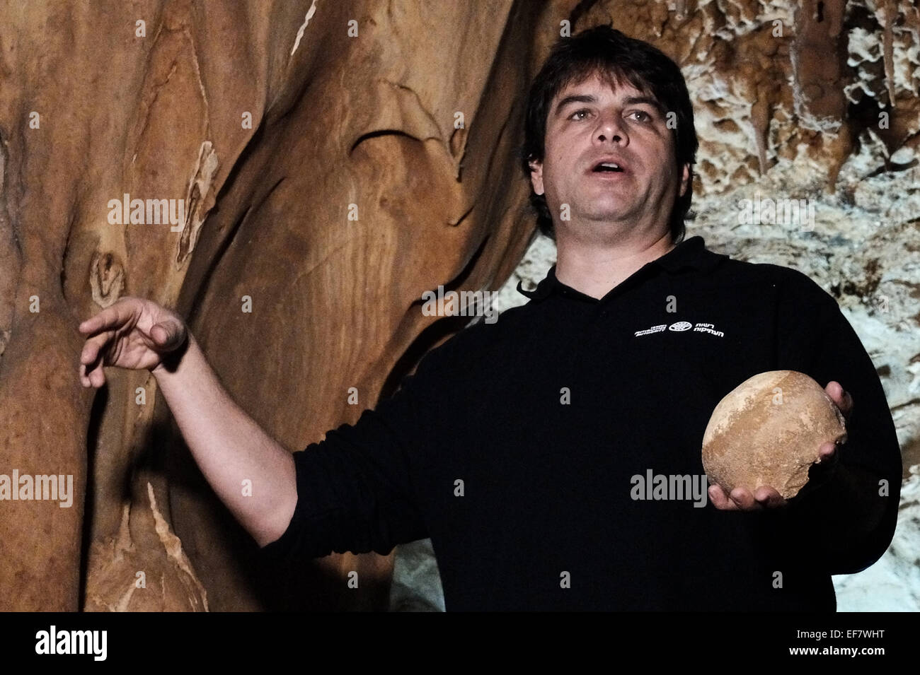 Manot Cave, Israel. 28th January, 2015. Dr. OMRY BARZILAI stands inside ...