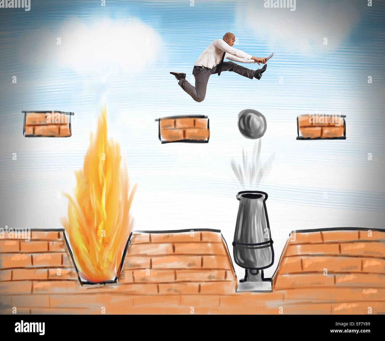 Businessman runs to overcome obstacles Stock Photo - Alamy