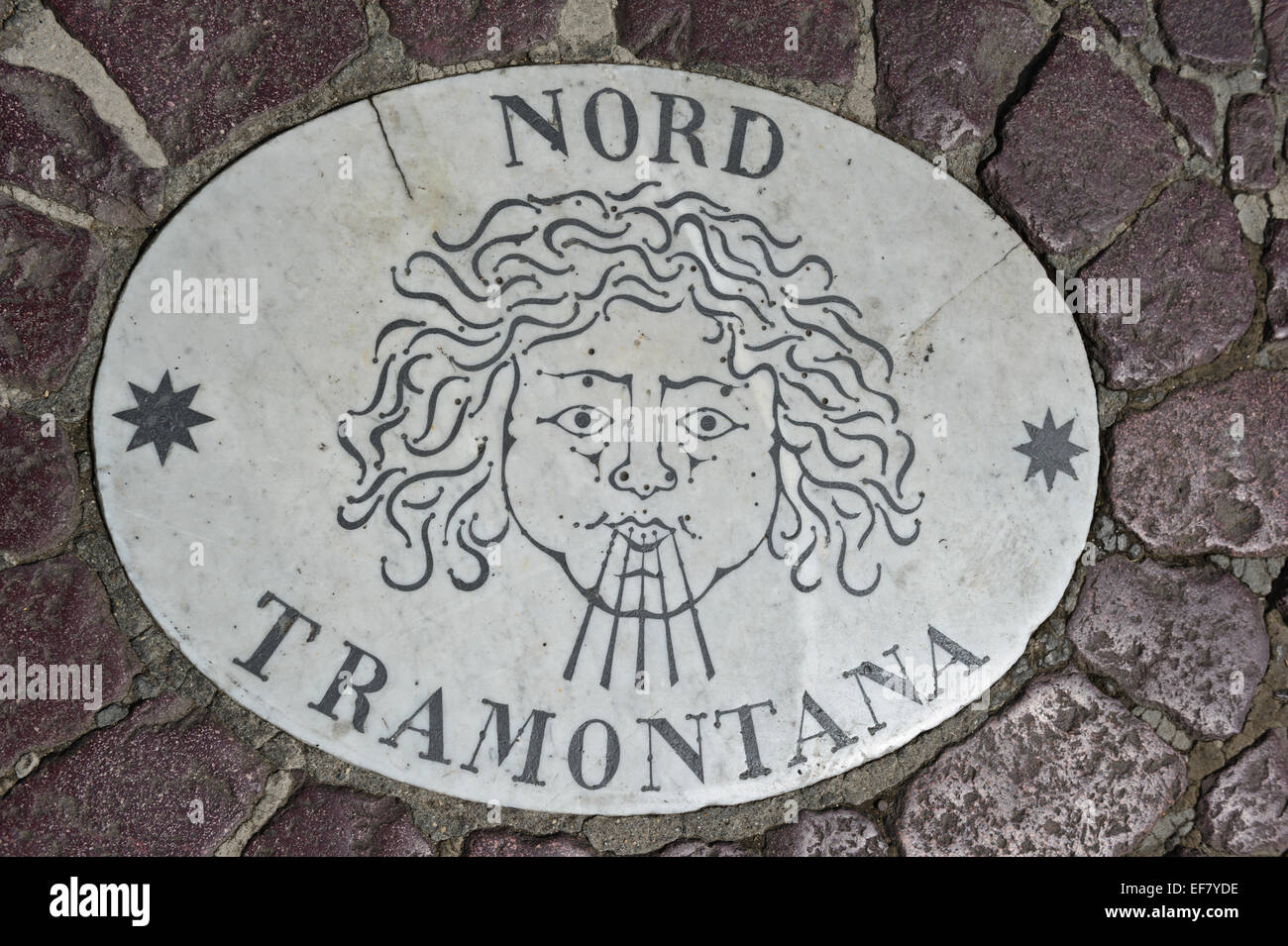A circular plaque of wind direction embedded in the pavement in St ...