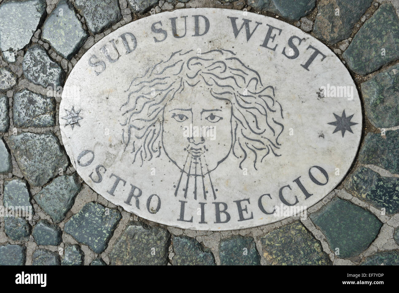 A circular plaque of wind direction embedded in the pavement in St ...