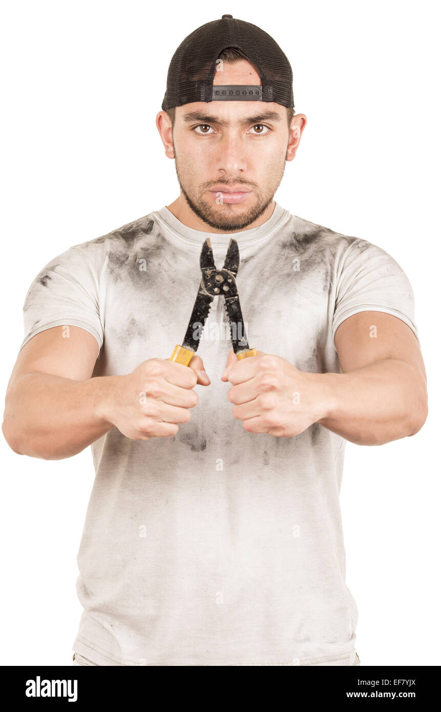 young muscular latin construction worker Stock Photo - Alamy