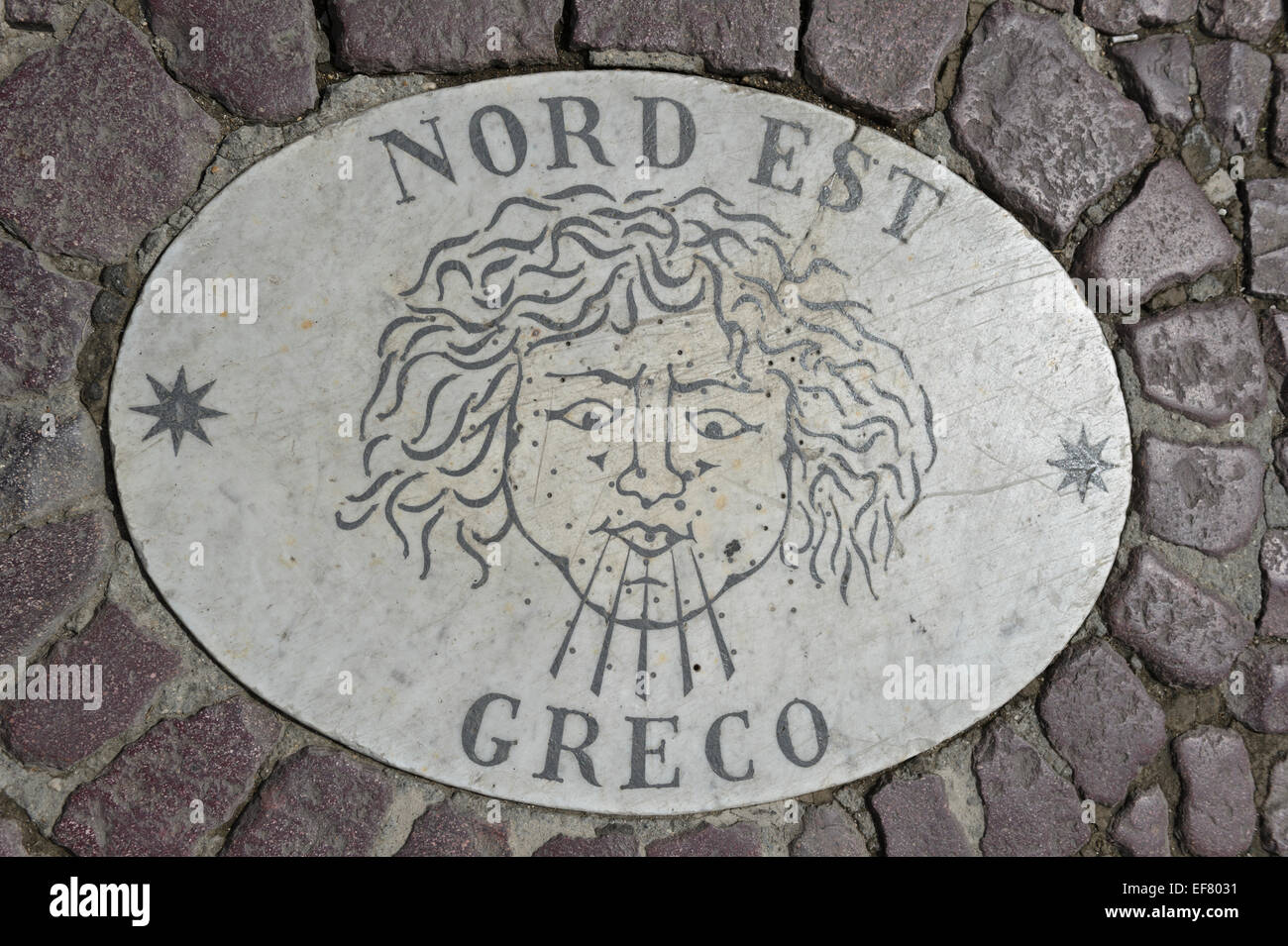 A circular plaque of wind direction embedded in the pavement in St ...