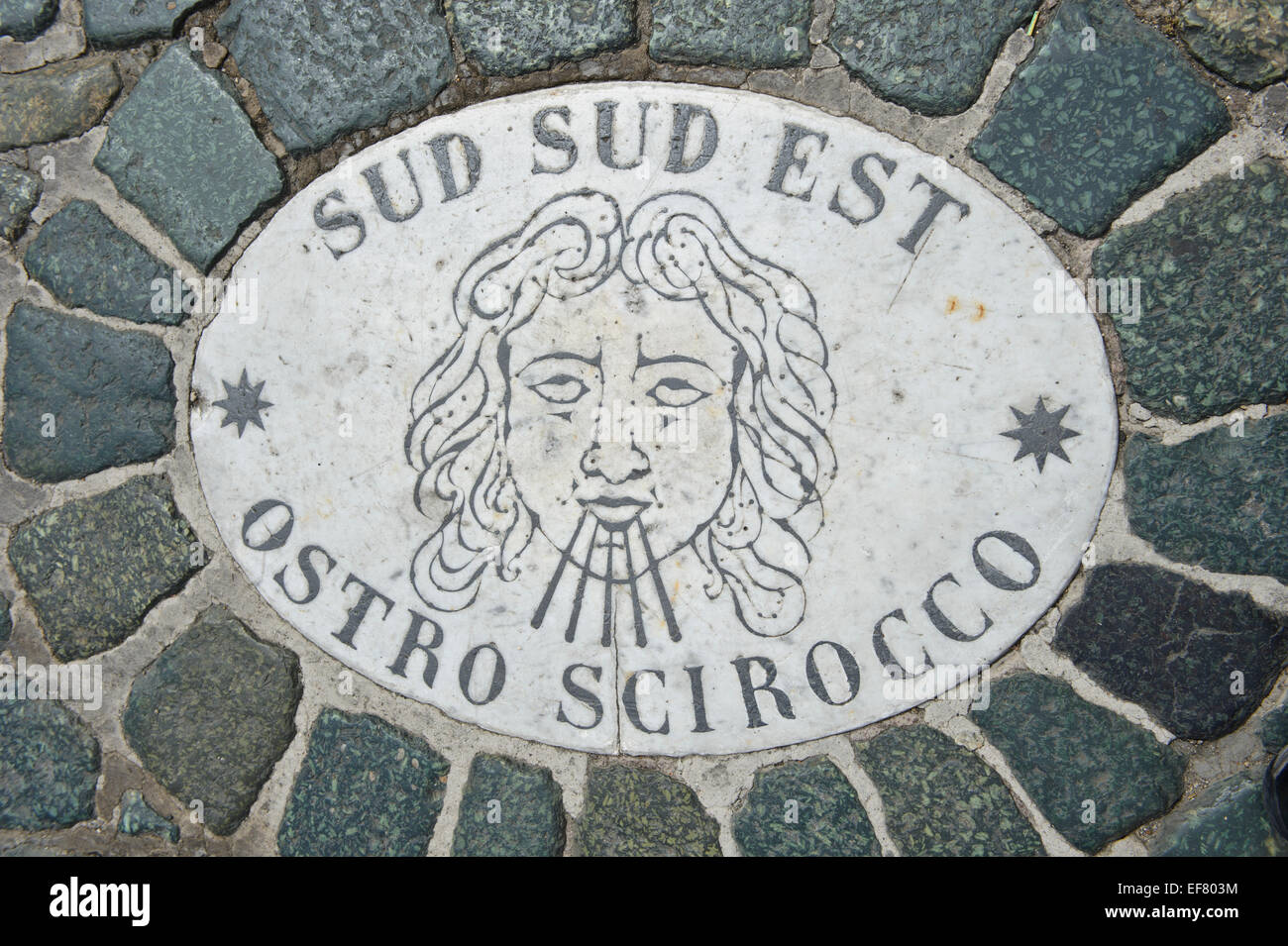 A circular plaque of wind direction embedded in the pavement in St ...