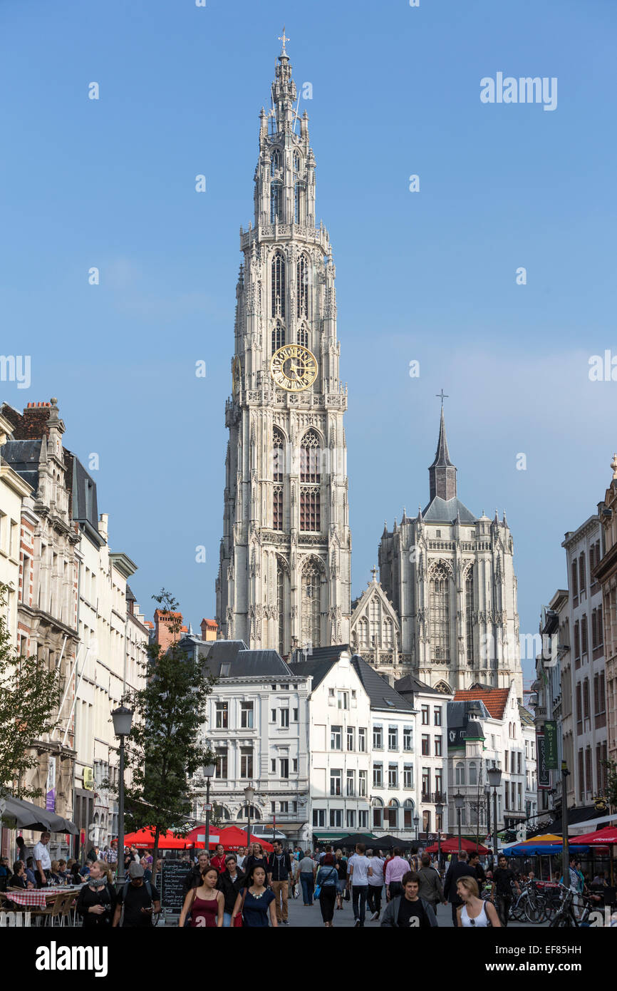 Suikerrui street and the Cathedral of Our Lady Antwerp Stock Photo - Alamy
