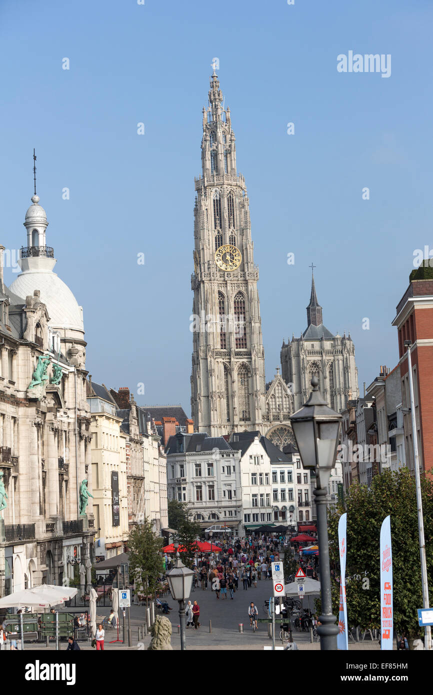 Suikerrui street and the Cathedral of Our Lady Antwerp Stock Photo - Alamy