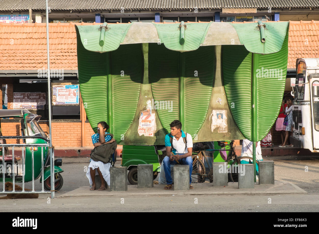 Locals wait for a bus at bus stop designed in shape of banana leaves at ...