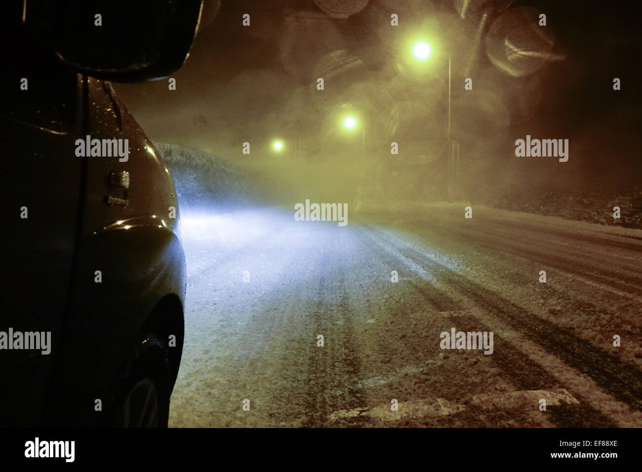 Low visibility with blowing snow on roads in Queensbury, West Yorkshire ...