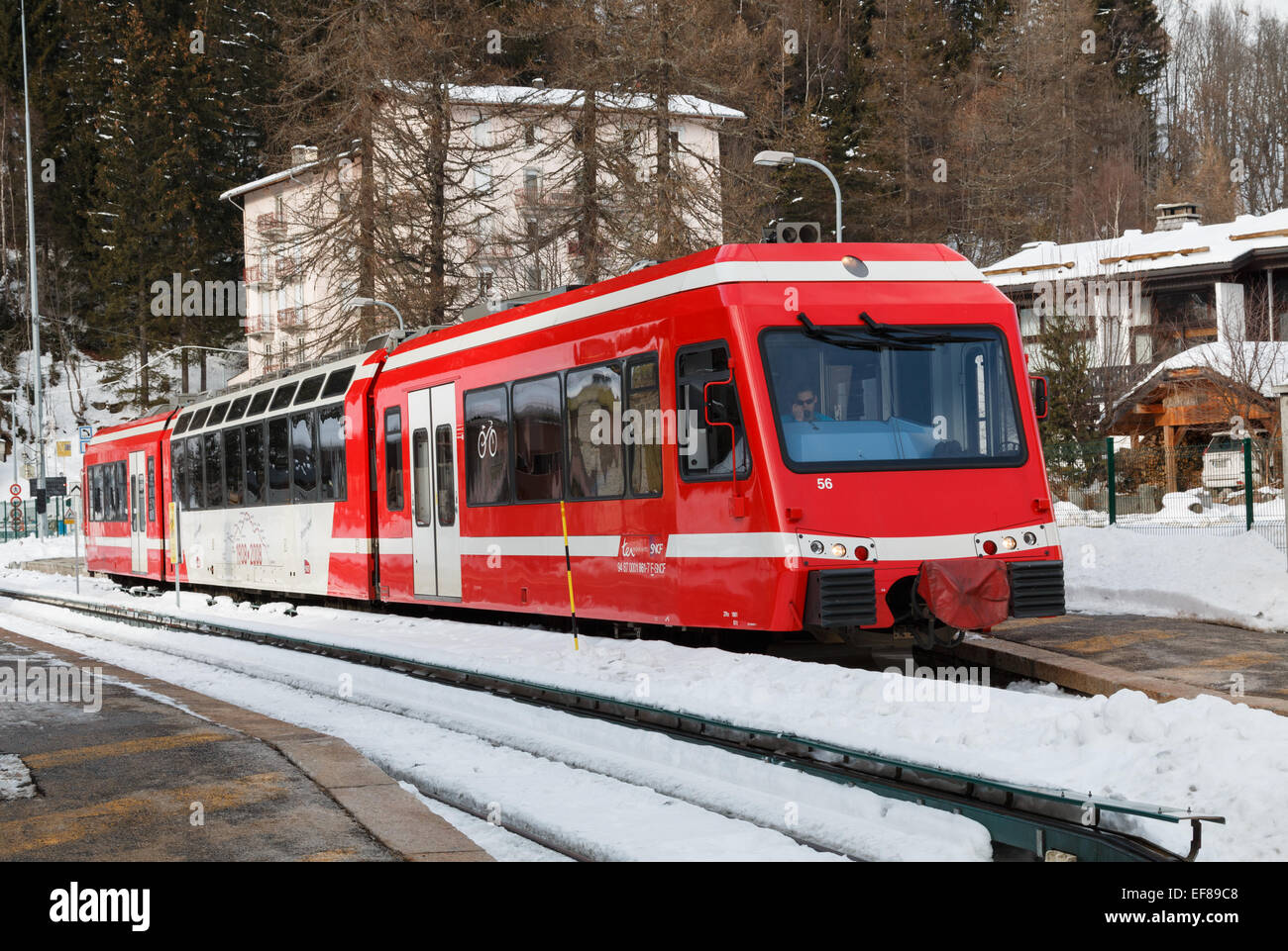 Red Mont Blanc Express train stopped at Montroc SNCF railway station ...