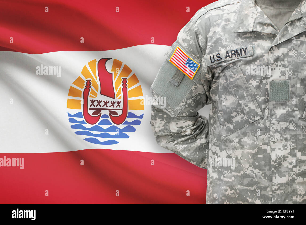 American soldier with flag on background - French Polynesia Stock Photo ...