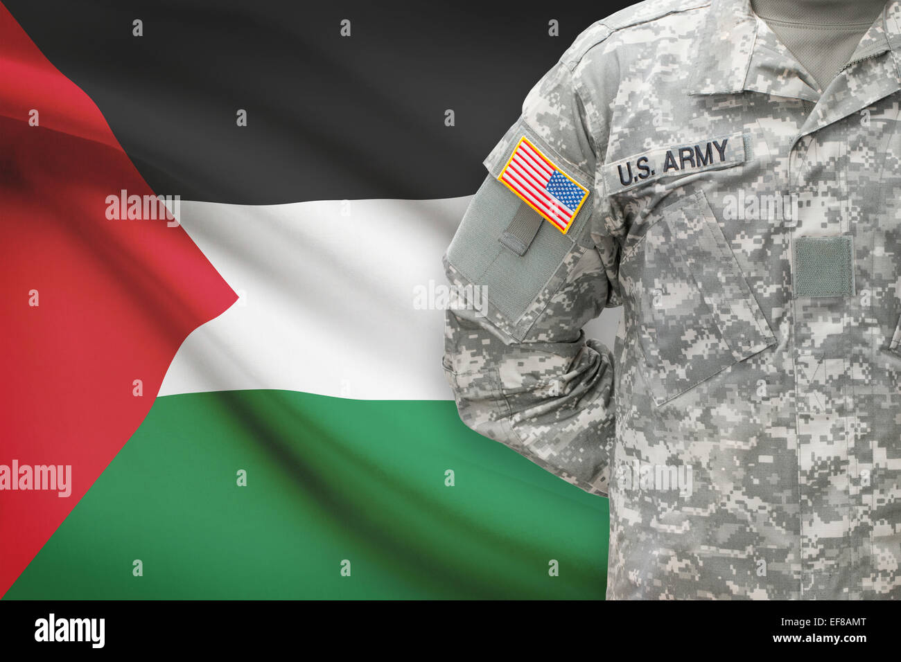 American soldier with flag on background - Palestine Stock Photo - Alamy