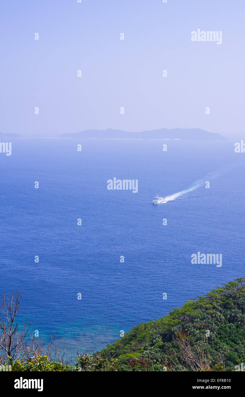 The ferry Tokashiki approaching Tokashiki Island from Naha with Maejima ...