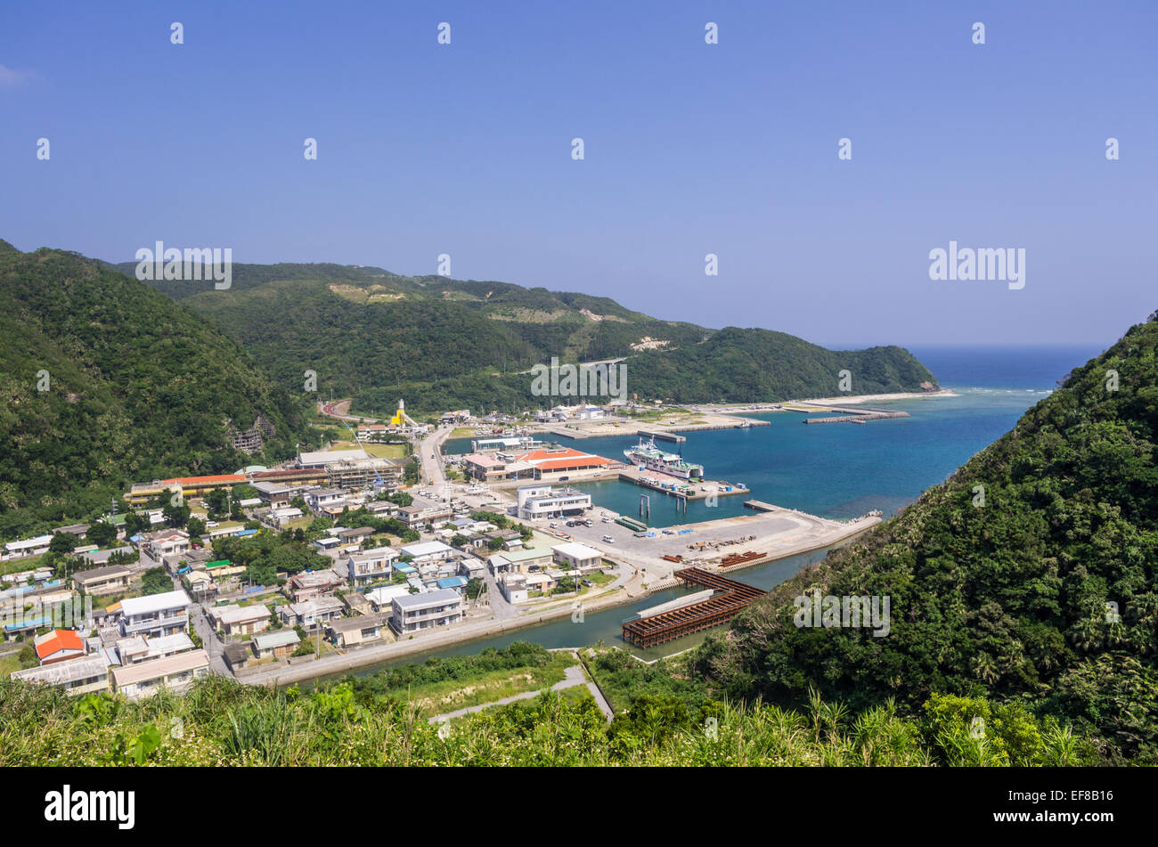 View towards Tokashiki Town and the Ferry Tokashiki in port on ...