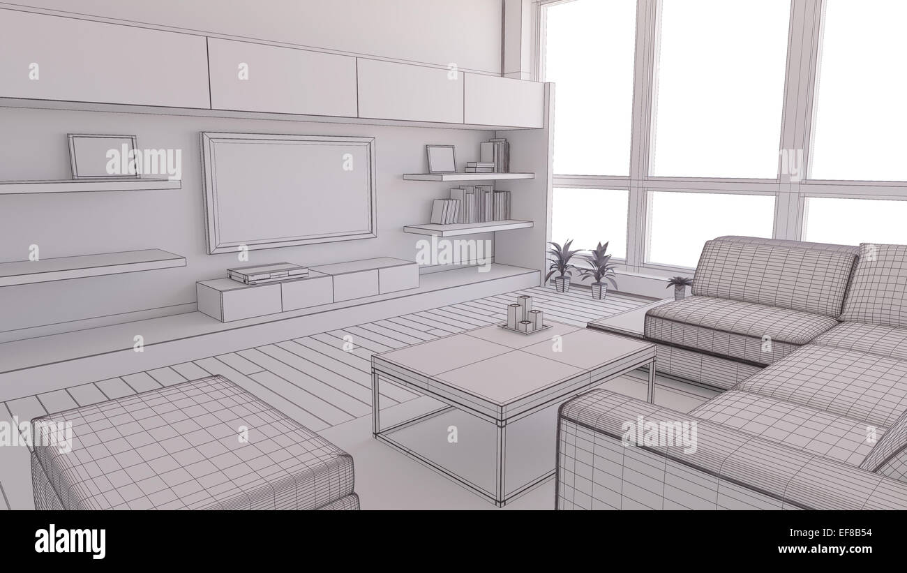 Interior render of a dining room without materials Stock Photo - Alamy