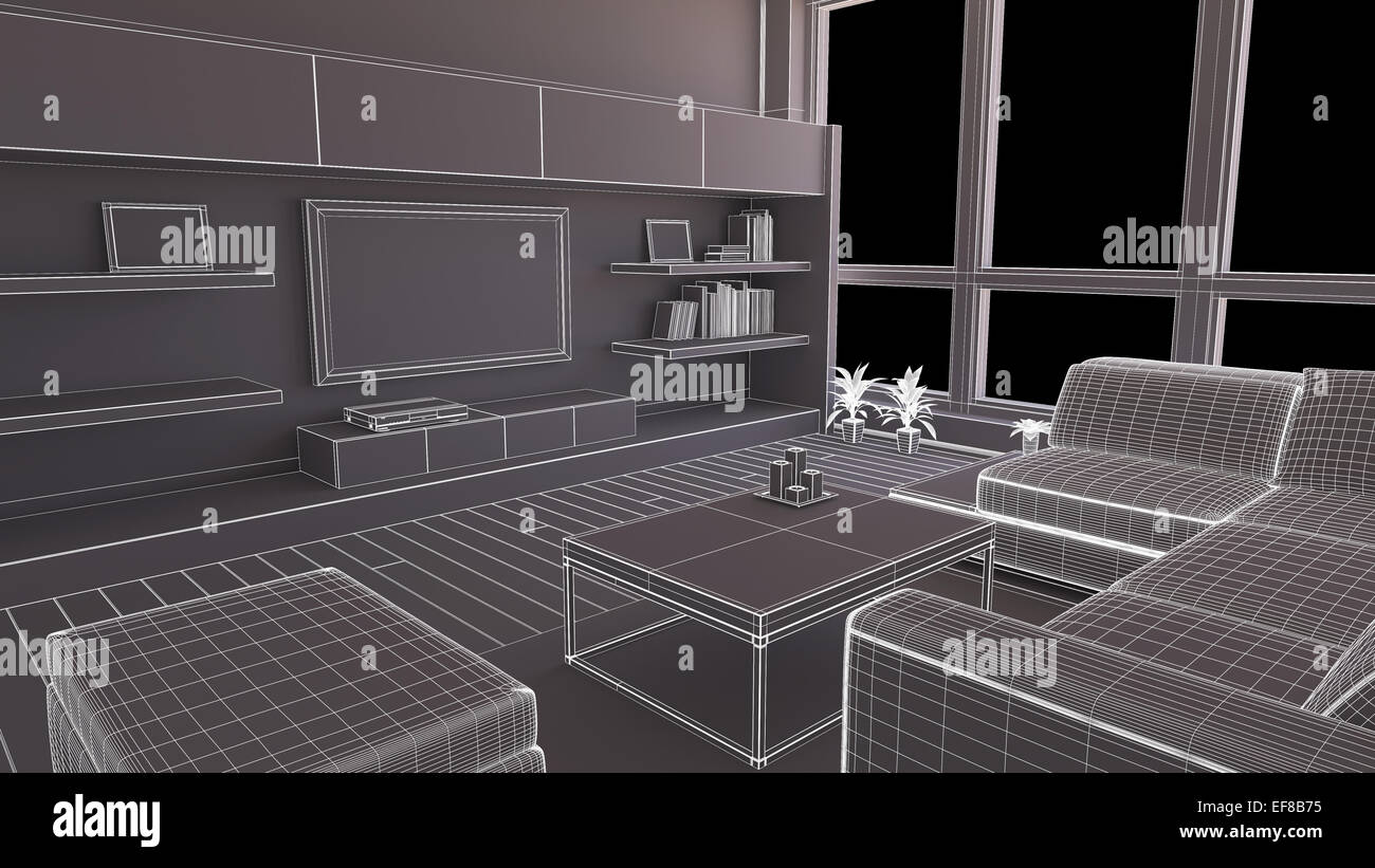 Interior render of a dining room without materials Stock Photo - Alamy