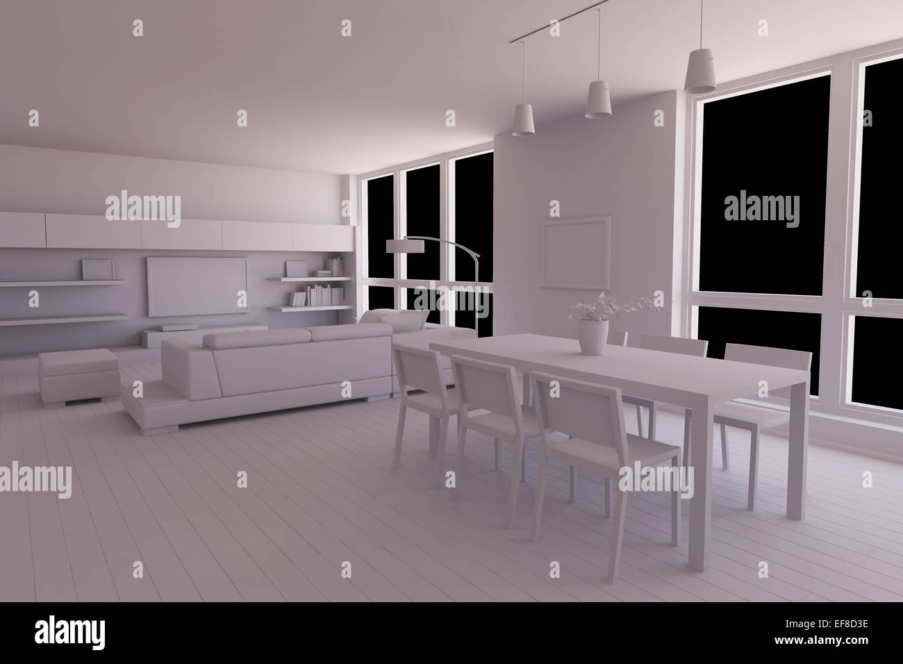 Interior render of a dining room without materials Stock Photo - Alamy