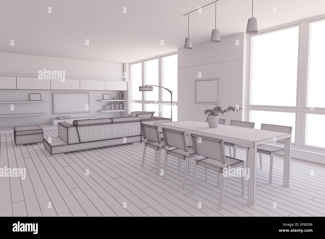 Interior render of a dining room without materials Stock Photo - Alamy