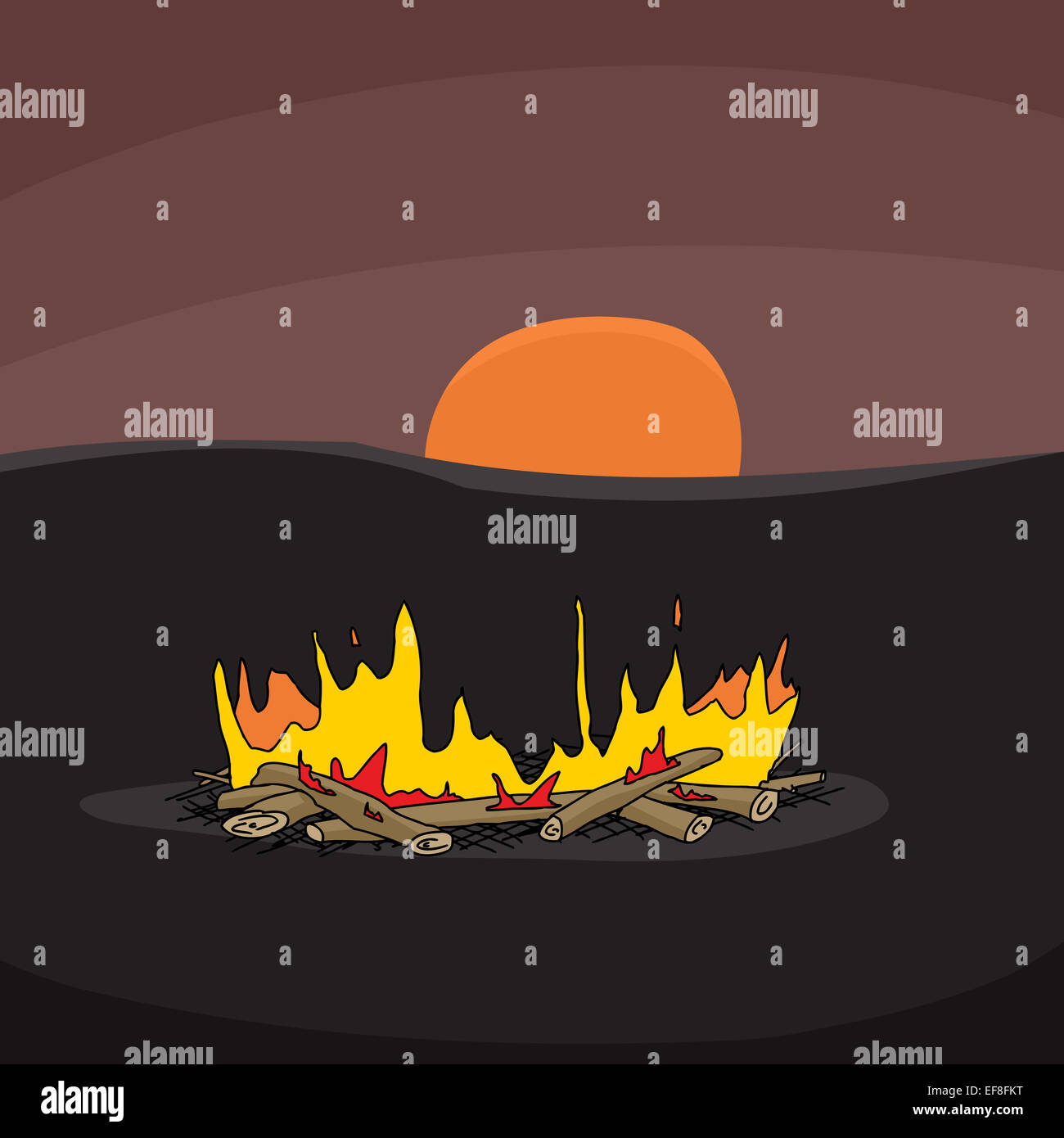 Hand drawn cartoon campfire scene with sunset Stock Photo - Alamy
