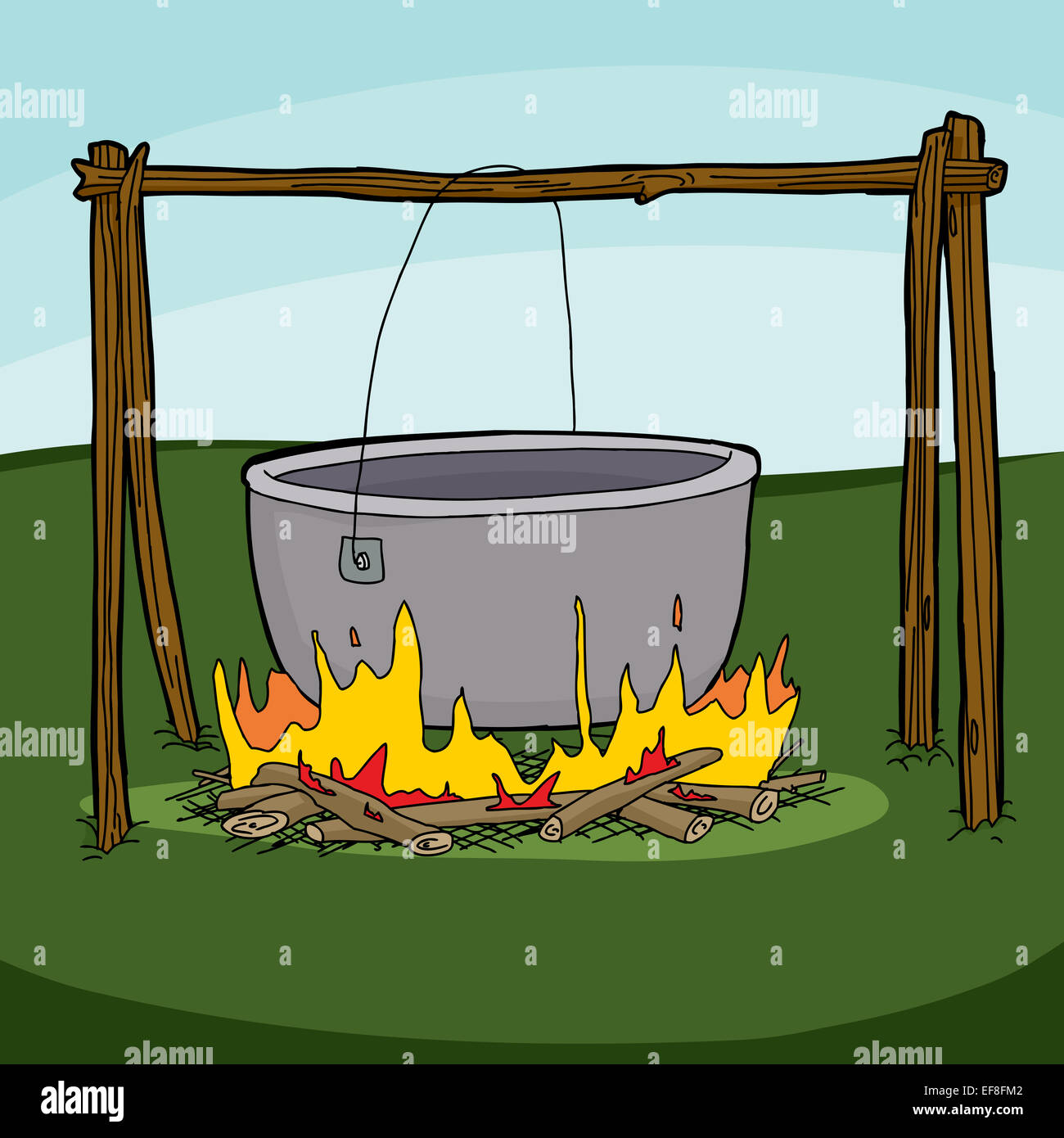 Cartoon of large empty cauldron hanging over flames Stock Photo - Alamy