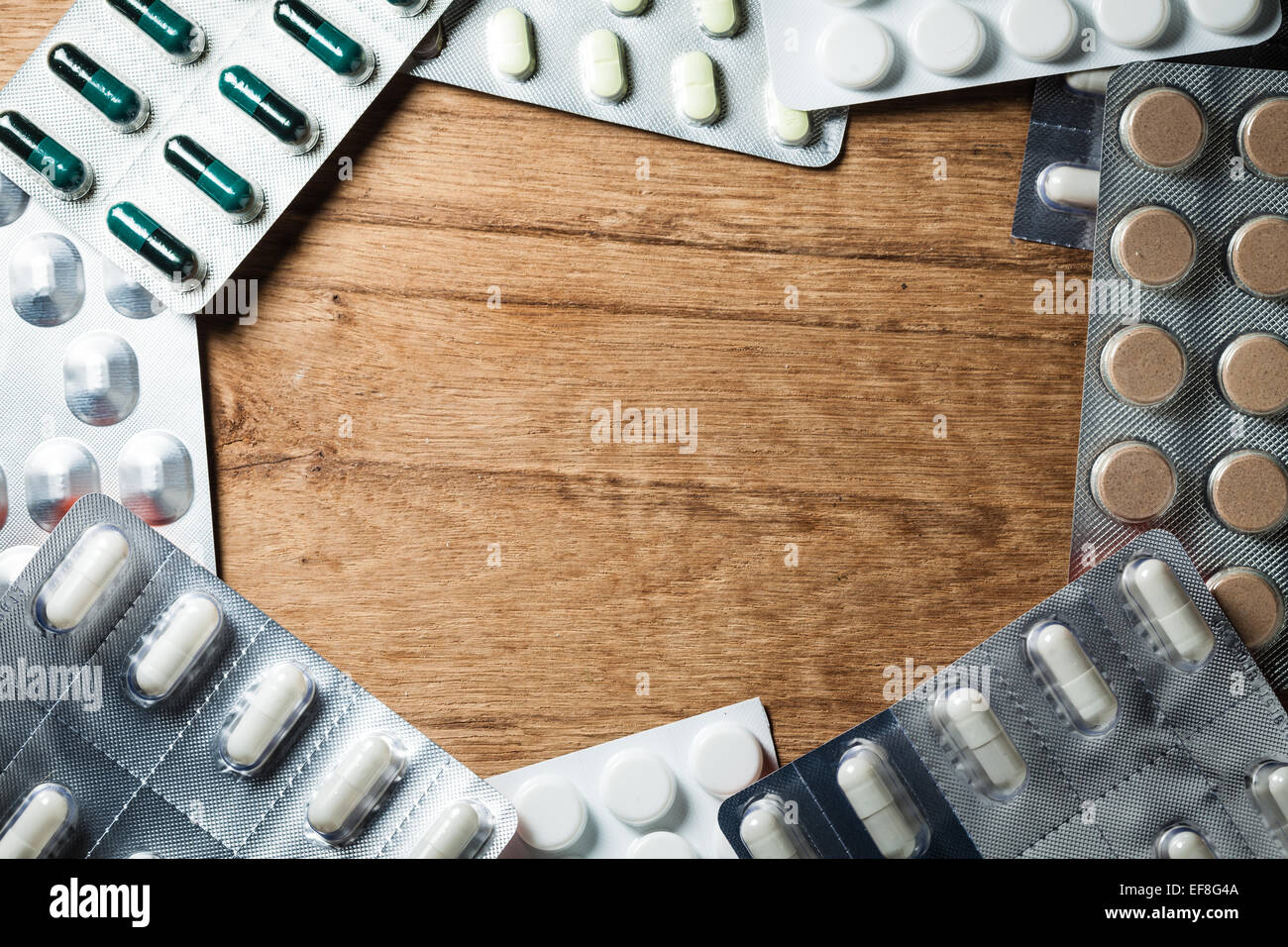 Medical background backdrop with frame border of pills tablets drugs on ...