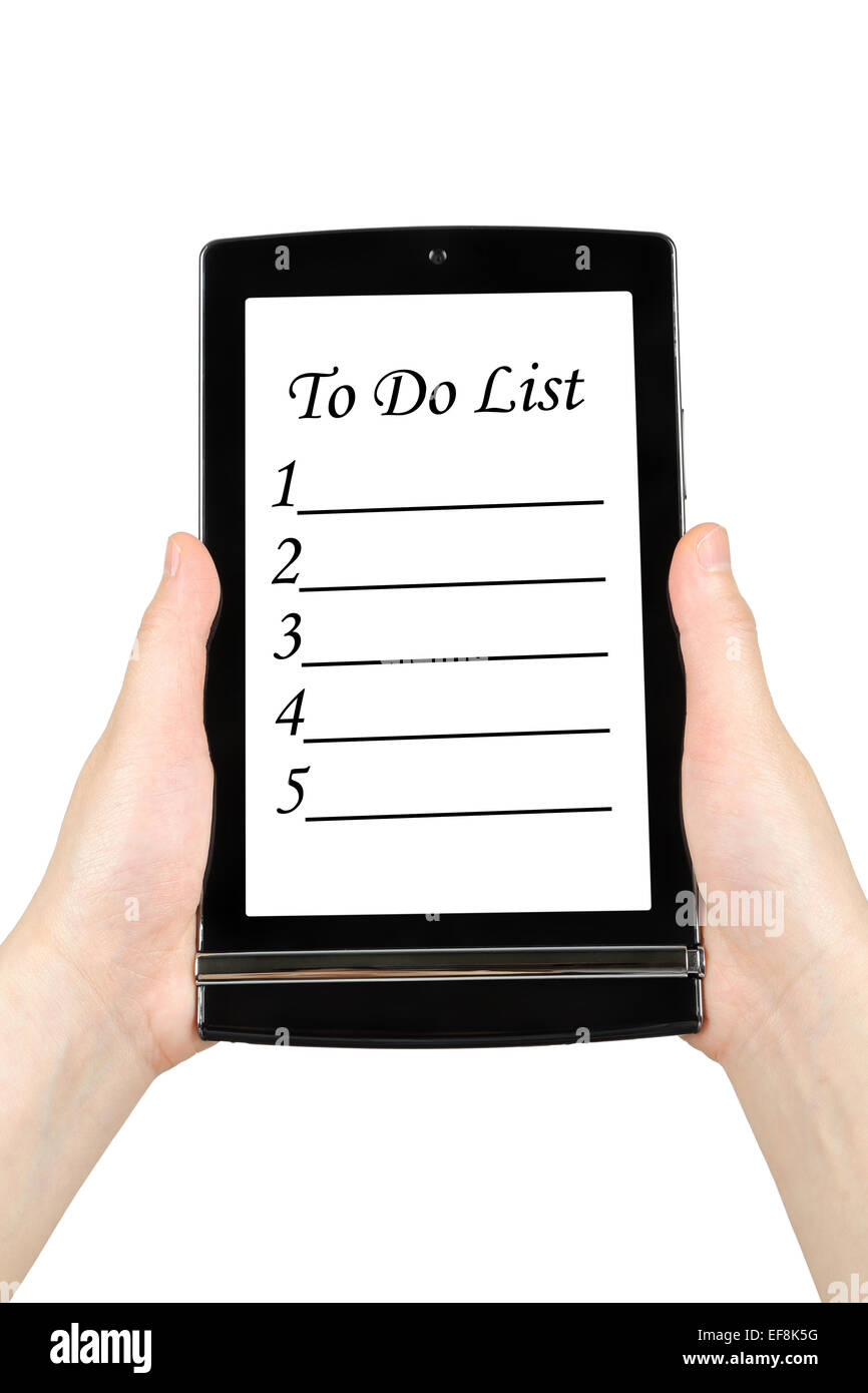 Hands holding touch screen tablet with to do list on screen Stock Photo ...