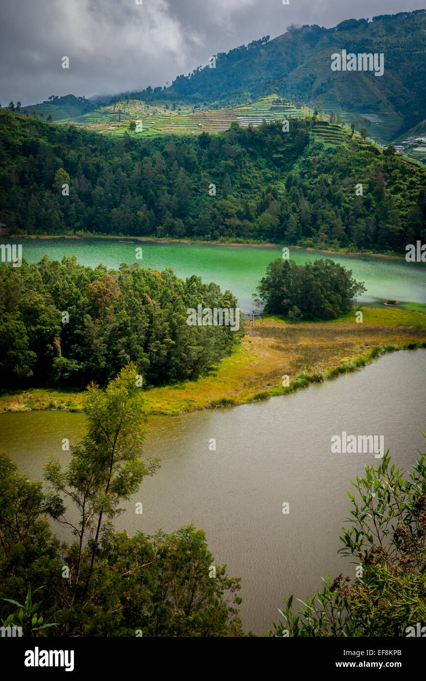 Aerial landscape of Dieng plateau with Telaga Warna lake and Pengilon ...